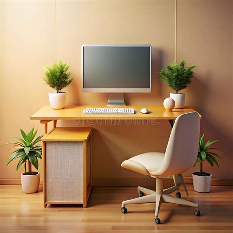 Digital Computer Setup Table With Keyboard Mouse And Tree Plant Stock Illustration