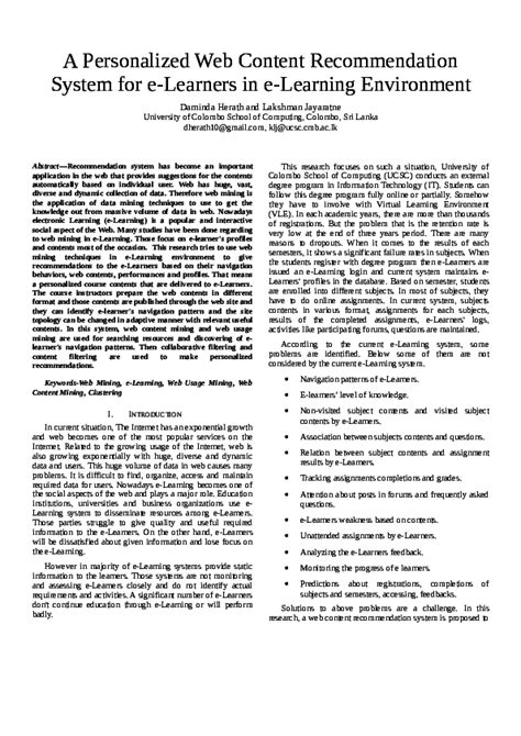 Pdf A Personalized Web Content Recommendation System For E Learners In E Learning Environment
