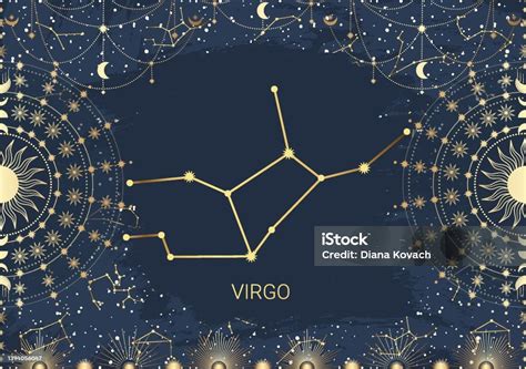 황금 처녀 자리 태양 달 별의 손으로 그린 카드 별자리 천상의 공간 조디악 별자리 기호 별 점성술 점성술 기호 아이콘 마법의 우주 은하 벡터 스케치 일러스트 레이 션