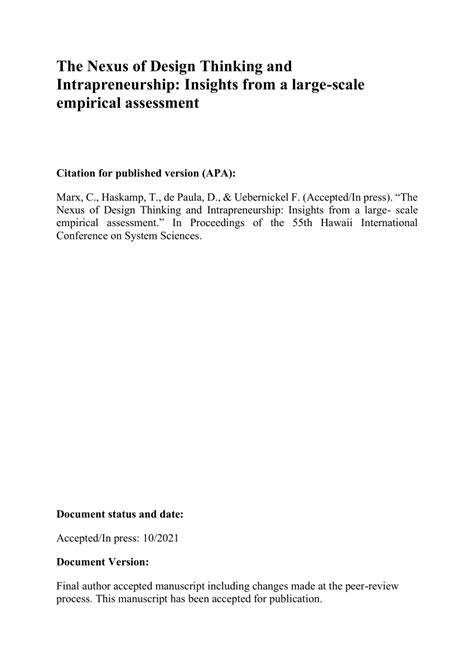 Pdf The Nexus Of Design Thinking And Intrapreneurship Insights From A Large Scale Empirical