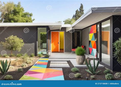 Modern Ranch House Exterior With Sleek Geometric Shapes And Pops Of Color Stock Illustration