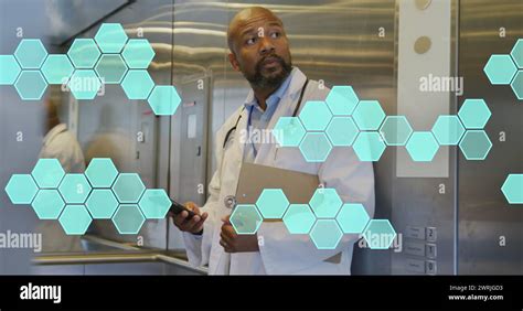 Image Of Cell Structures Processing Data Over African American Male