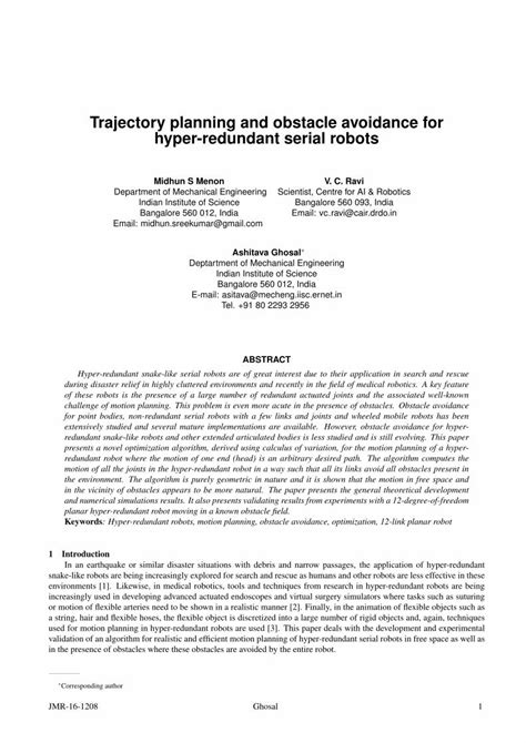 pdf trajectory planning and obstacle avoidance for hyper redundant