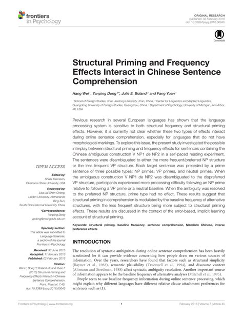 Pdf Structural Priming And Frequency Effects Interact In Chinese Sentence Comprehension