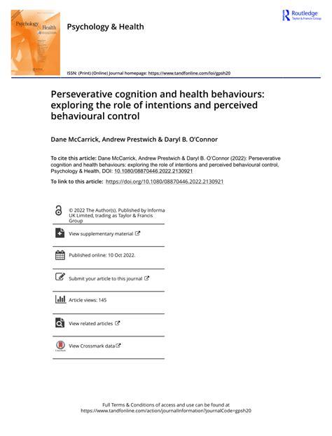 Pdf Perseverative Cognition And Health Behaviours Exploring The Role Of Intentions And