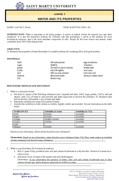 Laboratory Experiment 1 Water And Its Properties Activity 1 WATER AND ITS PROPERTIES NAME