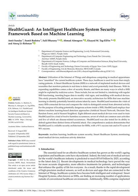 PDF HealthGuard An Intelligent Healthcare System Security Framework Based On Machine Learning