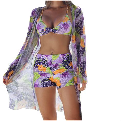 Purple Sexy Hawaiian Seamless Triangle Two Piece Slit Micro Bikini Sets