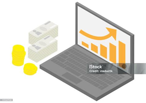 개인용 컴퓨터와 돈의 그림과 아이소메트릭 상승을 보여주는 그래프 입체 이미지에 대한 스톡 벡터 아트 및 기타 이미지 입체 이미지 증권 시장과 거래소 금융 Istock