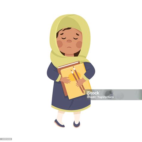 책을 들고 히잡을 쓴 화가 난 소녀 스트레스를 받는 학생 학교 갈등 괴롭힘 차별 만화 벡터 일러스트 레이 션 감정에 대한 스톡