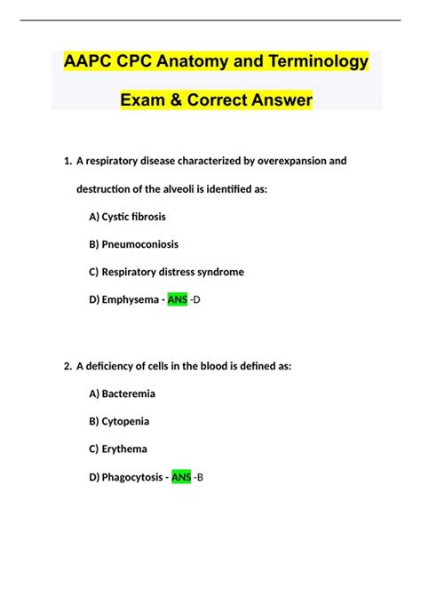 Aapc Cpc Anatomy And Terminology Exam And Correct Answer Aapc Cpc Stuvia Us