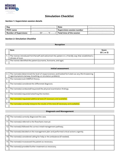 Simulation Checklist Pdf Medical Diagnosis Patient