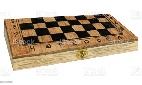 닫힌 나무 체스 보드 상자 측면 보기 수채화 그림은 흰색 배경에 분리되어 있다 체스 클럽 디자인을 위한 조각이 없는 손으로 그린 갈색과 검은색 빈 책상 갈색에 대한 스톡