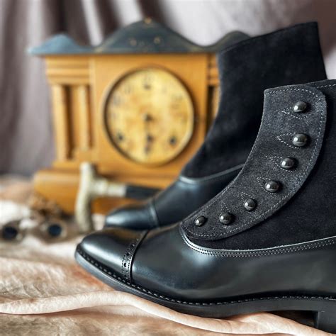 All Black Leather And Suede Victorian Mens Button Boots Etsy
