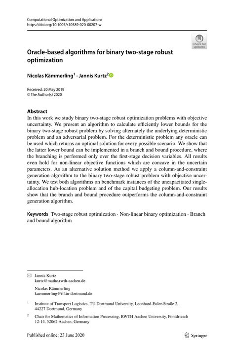 Pdf Oracle Based Algorithms For Binary Two Stage Robust Optimization