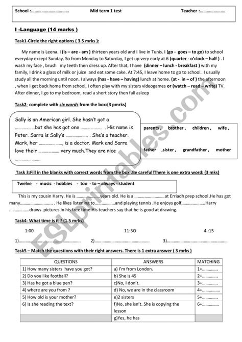 Mid Term 1 Test Esl Worksheet By Ajnour