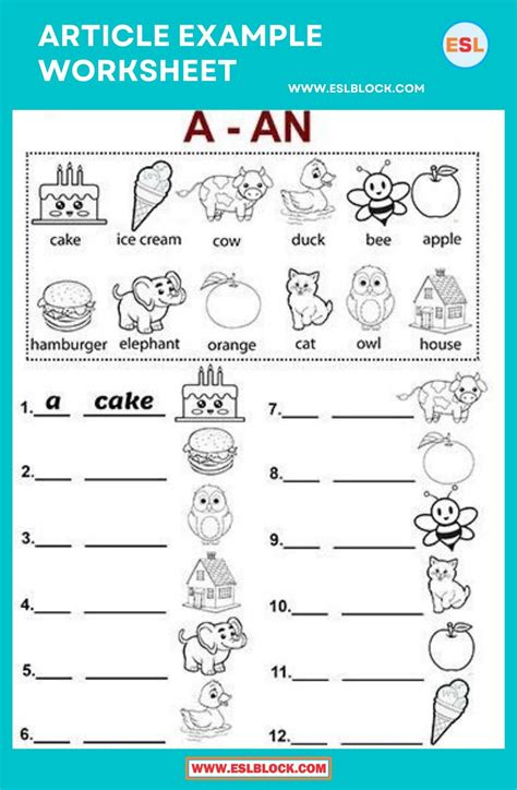 English Esl Articles Indefinite Articles A An Worksheets Most