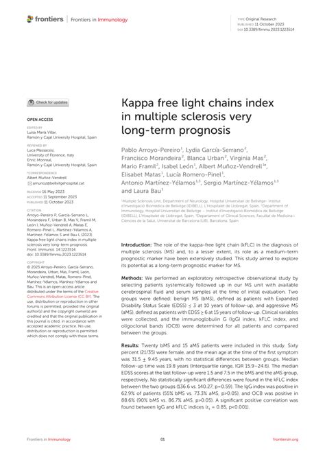 Pdf Kappa Free Light Chains Index In Multiple Sclerosis Very Long