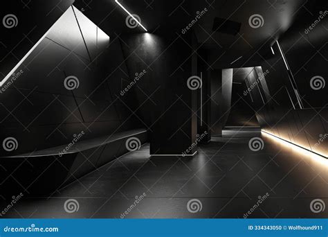 A 3d Black Interior With Sharp Angular Walls And Floating Panels The Strategic Placement Of