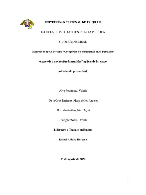 Informe Sobre La Lectura Categorías De Ciudadanía En El Perú Por El Goce De Derechos