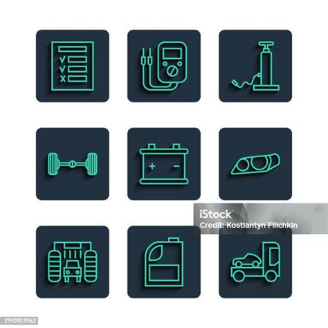 세트 라인 세차 모터 기계 오일용 캐니스터 운송업자 트럭 공기 펌프 배터리 섀시 자동차 검사 및 헤드라이트 아이콘 벡터 가솔린에 대한 스톡 벡터 아트 및 기타 이미지
