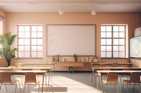 Premium Ai Image There Are Many Tables And Chairs In A Classroom With A Projector Screen