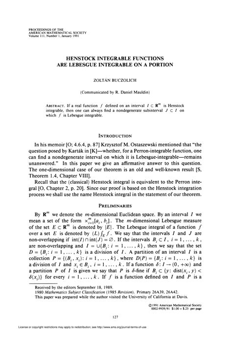 Pdf Henstock Integrable Functions Are Lebesgue Integrable On A Portion