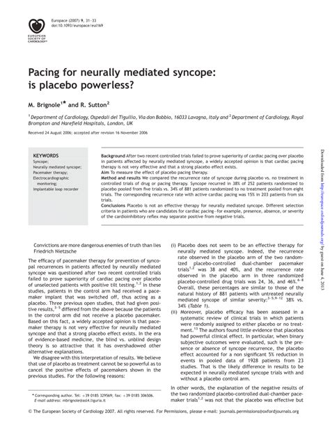 Pdf Pacing For Neurally Mediated Syncope Is Placebo Powerless