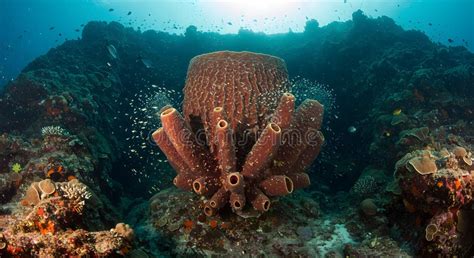 Stunning Underwater Coral Reefscape Giant Barrel Sponge Dominates