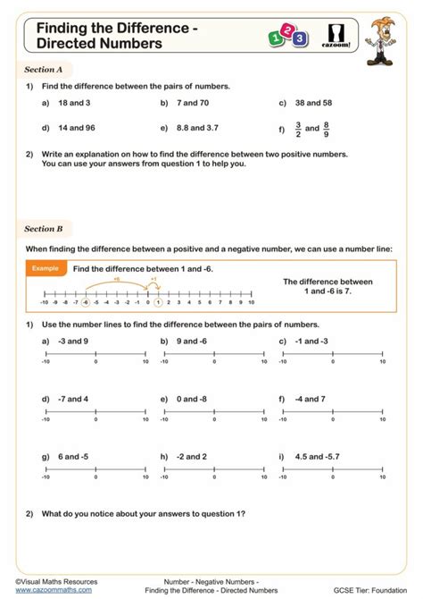 Finding The Difference Directed Numbers Worksheet Printable Pdf For Year 7 And Year 8 Number