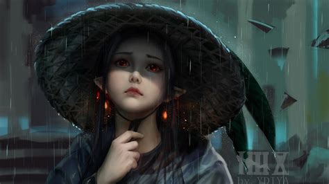 배경 화면 긴 머리 모자 빨간 눈 엘프 귀 디지털 아트 비 갈색 머리의 1920x1080 Axela