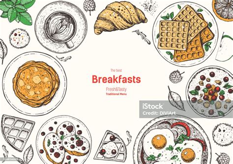 아침 식사 상단 보기 프레임 아침 음식 메뉴 디자인 아침 식사 요리 컬렉션 빈티지 손으로 그린 스케치 벡터 일러스트 각인 된 스타일 브런치에 대한 스톡 벡터 아트 및 기타