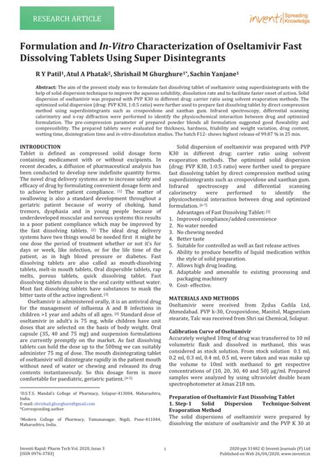 Pdf Formulation And In Vitro Characterization Of Oseltamivir Fast Dissolving Tablets Using