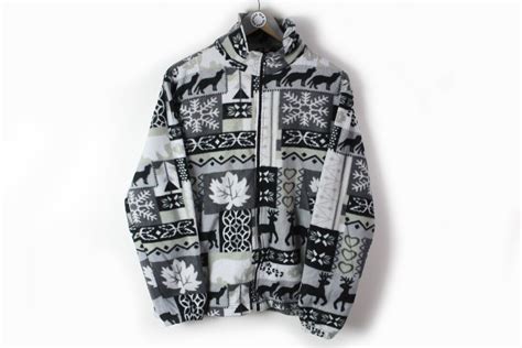 Vintage Fleece Full Zip Sweater Abstract Pattern Size S Gray Retro Wear
