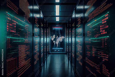 Shot Of Modern Data Center With Multiple Rows Of Fully Operational Server Racks Modern High