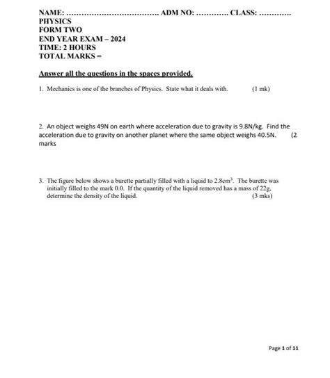 2024 Form 2 Physics End Of Term 3 Exams With Marking Scheme Elimu