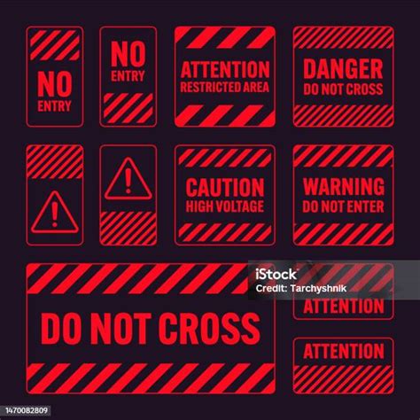 대각선이있는 다양한 빨간색 경고 표지판 주의 위험 또는주의 표지판 건설 현장 표지판 현실적인 통지 간판 경고 배너 도로 방패 벡터 그림 0명에 대한 스톡 벡터 아트 및 기타