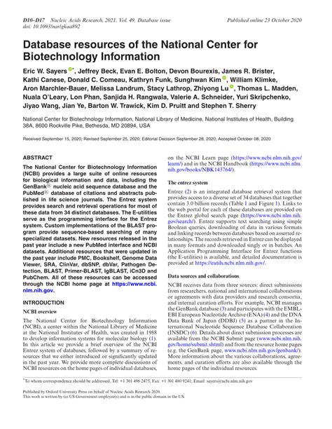 Pdf Database Resources Of The National Center For Biotechnology