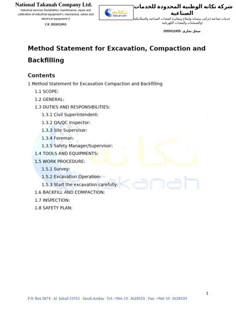 Method Statement For Excavation Compaction And Backfilling Pdf Science And Mathematics