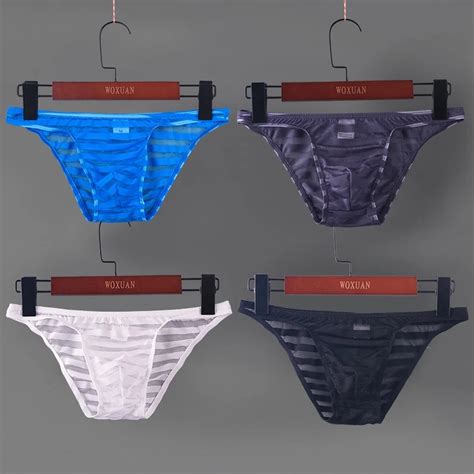 Men Mesh Striped Briefs Man See Through Nylon Underwear Male Penis