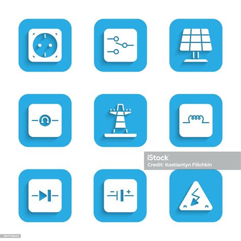 전기 타워 라인 Dc 전압 소스 높음 인덕터 전자 회로 다이오드 저항계 태양 에너지 패널 및 전기 콘센트 아이콘을 설정합니다 벡터 0명에 대한 스톡 벡터 아트 및 기타