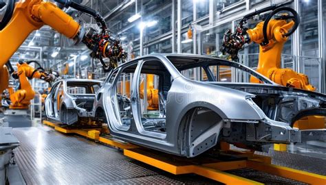Robotic Arms Assembling Car Body In Modern Automotive Factory Stock