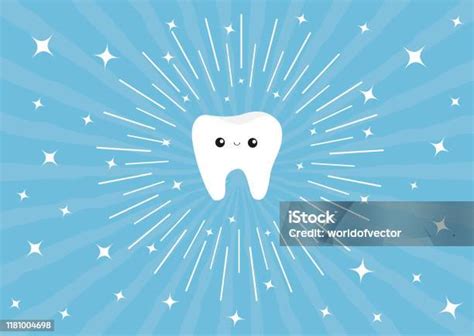 건강한 흰색 치아 아이콘입니다 귀여운 만화 캐릭터 행복한 미소 얼굴과 눈 둥근 선 원 어린이 치아 관리 구강 치과 위생 빛나는