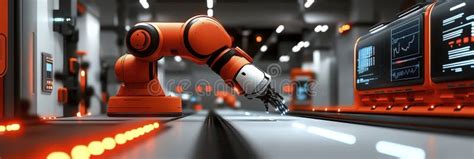 Orange Robotic Arm Enhancing Production Line Assembly Stock