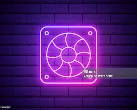 벽돌 벽 배경에 고립 된 빛나는 네온 컴퓨터 쿨러 아이콘 Pc 하드웨어 팬 벡터 일러스트레이션 Cpu에 대한 스톡 벡터 아트 및 기타 이미지 Istock