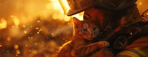Brave Firefighter Rescuing A Cat Stock Image Image Of Helmet