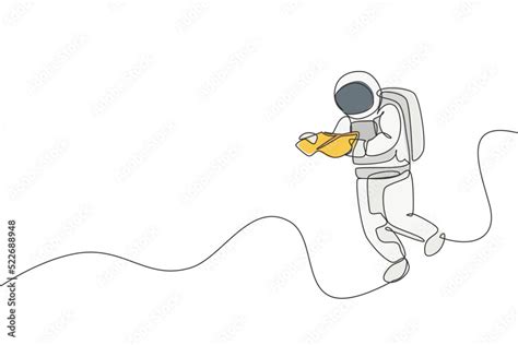 Single Continuous Line Drawing Of Floating Science Astronaut In Spacewalk Reading Space Map