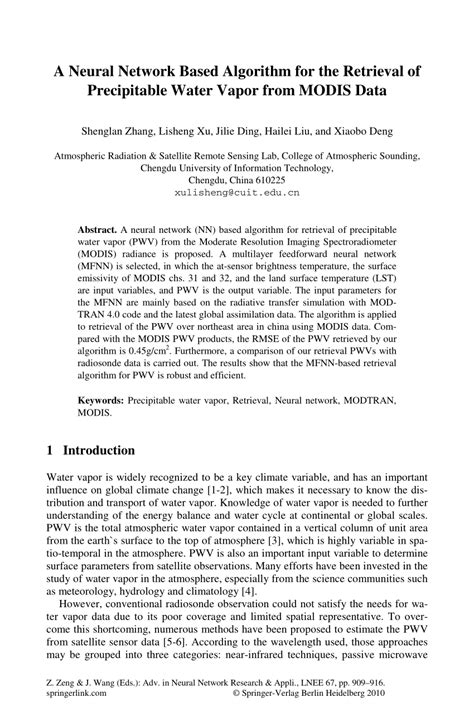 Pdf A Neural Network Based Algorithm For The Retrieval Of Precipitable Water Vapor From Modis Data