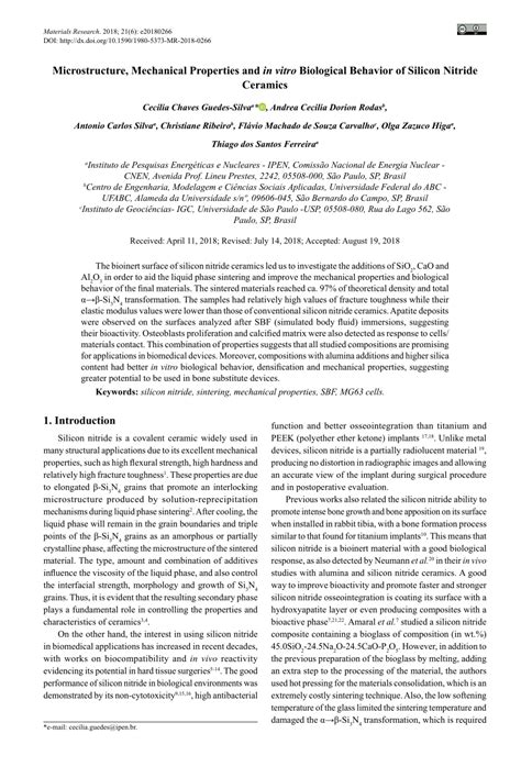 PDF Microstructure Mechanical Properties And In Vitro Biological Behavior Of Silicon Nitride