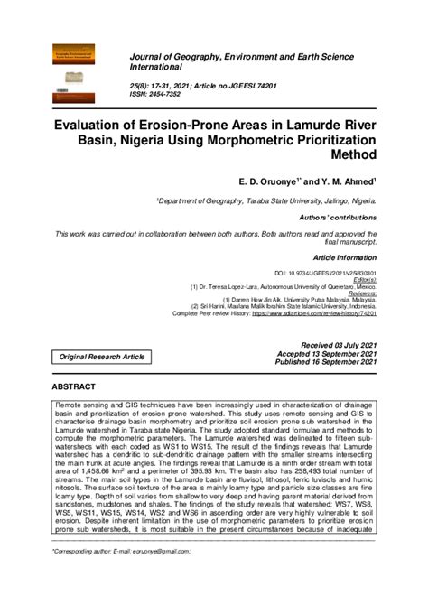 Pdf Evaluation Of Erosion Prone Areas In Lamurde River Basin Nigeria Using Morphometric